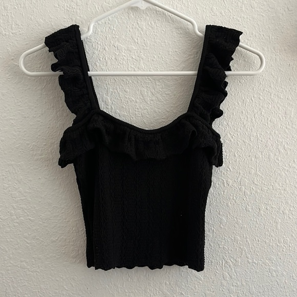 Tops | Zara Black Ruffle Knitted Top | Poshmark